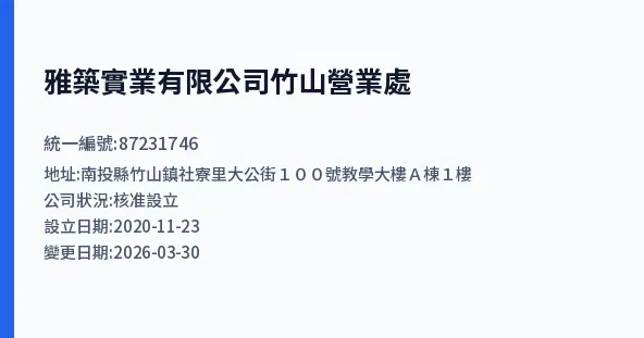 雅築實業有限公司竹山營業處的照片-統編 87231746(南投縣) 公司登記資料與營業項目詳細圖表