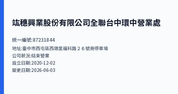 竑穗興業股份有限公司全聯台中環中營業處的照片-統編 87231844(臺中市) 公司登記資料與營業項目詳細圖表