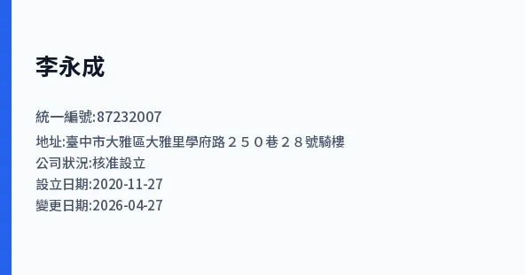 李永成的照片-統編 87232007(臺中市) 公司登記資料與營業項目詳細圖表