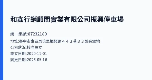 和鑫行銷顧問實業有限公司振興停車場的照片-統編 87232180(臺中市) 公司登記資料與營業項目詳細圖表