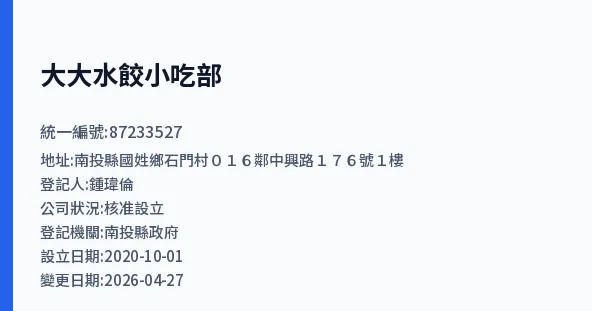 大大水餃小吃部的照片-統編 87233527(南投縣) 公司登記資料與營業項目詳細圖表