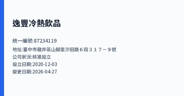 逸豐冷熱飲品的照片-統編 87234119(臺中市) 公司登記資料與營業項目詳細圖表