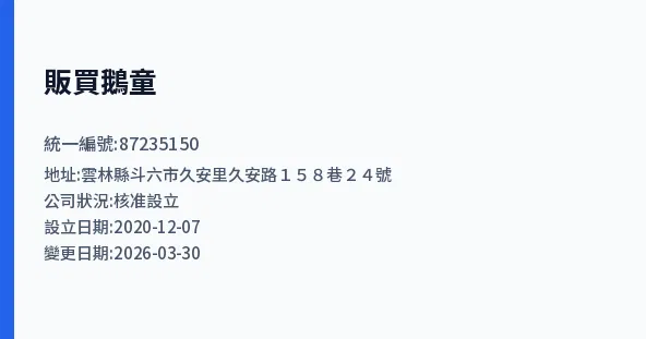 販買鵝童的照片-統編 87235150(雲林縣) 公司登記資料與營業項目詳細圖表
