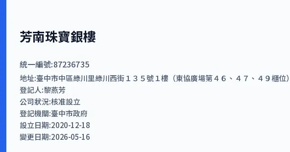 芳南珠寶銀樓的照片-統編 87236735(臺中市) 公司登記資料與營業項目詳細圖表