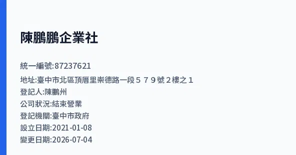 陳鵬鵬企業社的照片-統編 87237621(臺中市) 公司登記資料與營業項目詳細圖表