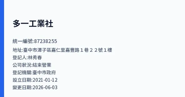 多一工業社的照片-統編 87238255(臺中市) 公司登記資料與營業項目詳細圖表