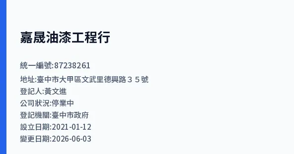 嘉晟油漆工程行的照片-統編 87238261(臺中市) 公司登記資料與營業項目詳細圖表