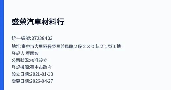 盛榮汽車材料行的照片-統編 87238403(臺中市) 公司登記資料與營業項目詳細圖表