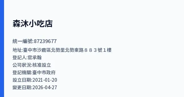 森沐小吃店的照片-統編 87239677(臺中市) 公司登記資料與營業項目詳細圖表