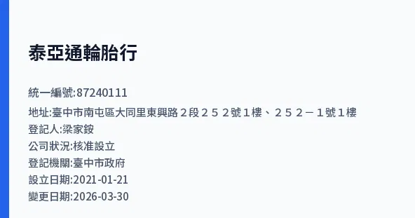 泰亞通輪胎行的照片-統編 87240111(臺中市) 公司登記資料與營業項目詳細圖表