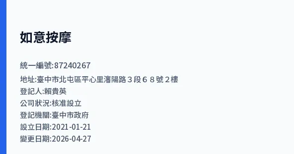 如意按摩的照片-統編 87240267(臺中市) 公司登記資料與營業項目詳細圖表