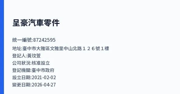 呈豪汽車零件的照片-統編 87242595(臺中市) 公司登記資料與營業項目詳細圖表