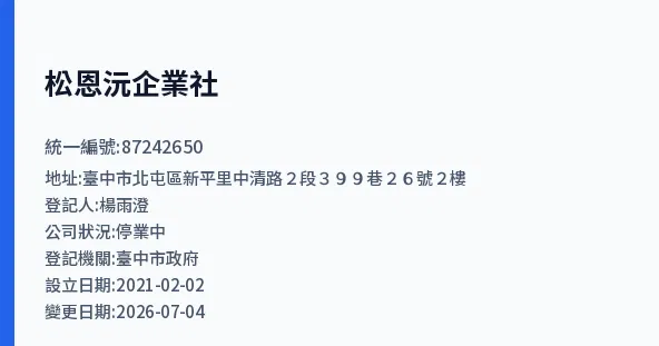 松恩沅企業社的照片-統編 87242650(臺中市) 公司登記資料與營業項目詳細圖表