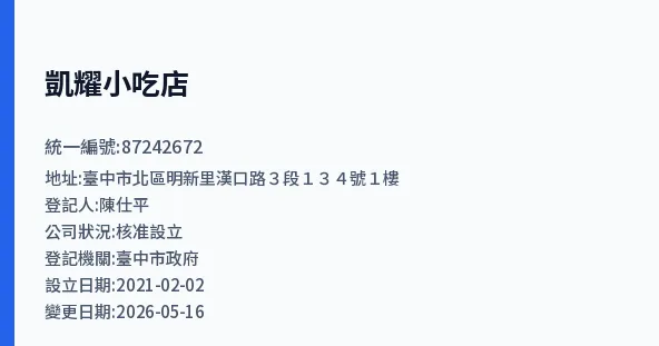 凱耀小吃店的照片-統編 87242672(臺中市) 公司登記資料與營業項目詳細圖表