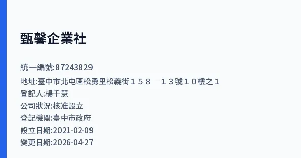 甄馨企業社的照片-統編 87243829(臺中市) 公司登記資料與營業項目詳細圖表