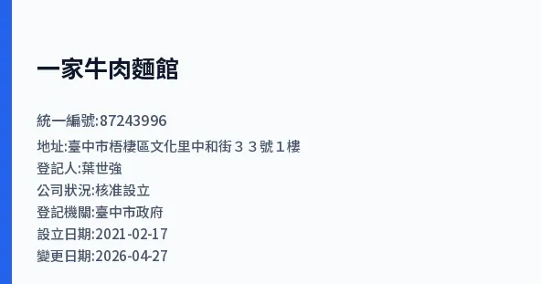 一家牛肉麵館的照片-統編 87243996(臺中市) 公司登記資料與營業項目詳細圖表