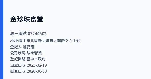 金珍珠食堂的照片-統編 87244502(臺中市) 公司登記資料與營業項目詳細圖表