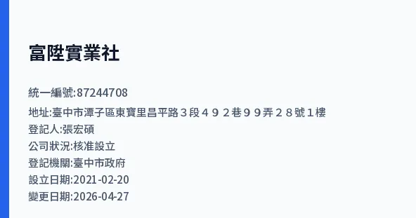 富陞實業社的照片-統編 87244708(臺中市) 公司登記資料與營業項目詳細圖表