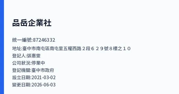 品岳企業社的照片-統編 87246332(臺中市) 公司登記資料與營業項目詳細圖表