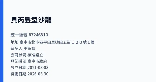 貝芮髮型沙龍的照片-統編 87246810(臺中市) 公司登記資料與營業項目詳細圖表