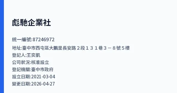 彪馳企業社的照片-統編 87246972(臺中市) 公司登記資料與營業項目詳細圖表