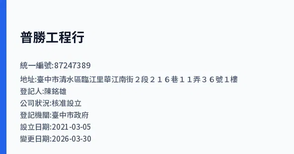 普勝工程行的照片-統編 87247389(臺中市) 公司登記資料與營業項目詳細圖表