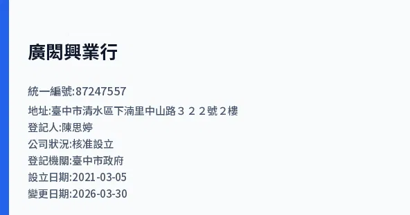 廣閎興業行的照片-統編 87247557(臺中市) 公司登記資料與營業項目詳細圖表