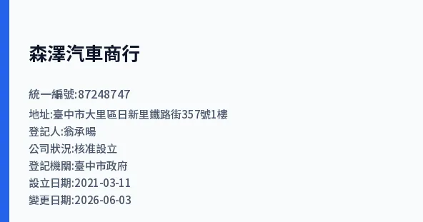 森澤汽車商行的照片-統編 87248747(臺中市) 公司登記資料與營業項目詳細圖表
