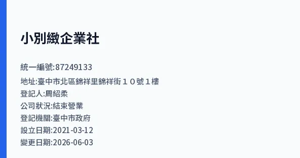 小別緻企業社的照片-統編 87249133(臺中市) 公司登記資料與營業項目詳細圖表