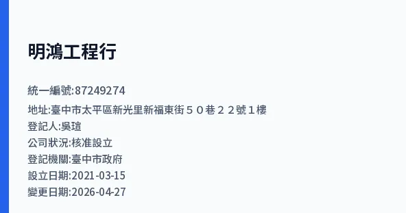 明鴻工程行的照片-統編 87249274(臺中市) 公司登記資料與營業項目詳細圖表