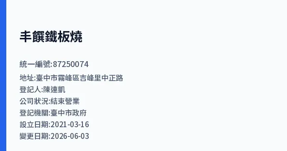 丰饌鐵板燒的照片-統編 87250074(臺中市) 公司登記資料與營業項目詳細圖表