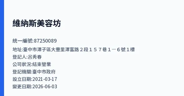 維納斯美容坊的照片-統編 87250089(臺中市) 公司登記資料與營業項目詳細圖表