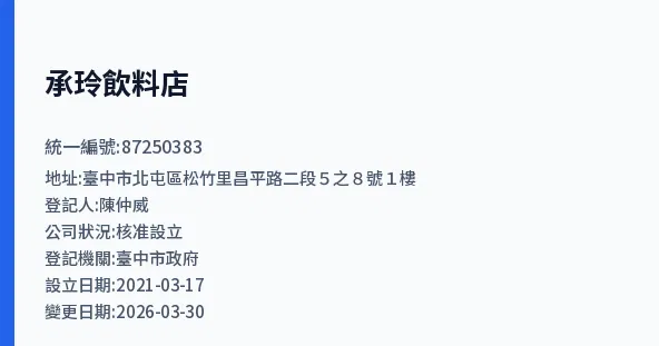 承玲飲料店的照片-統編 87250383(臺中市) 公司登記資料與營業項目詳細圖表
