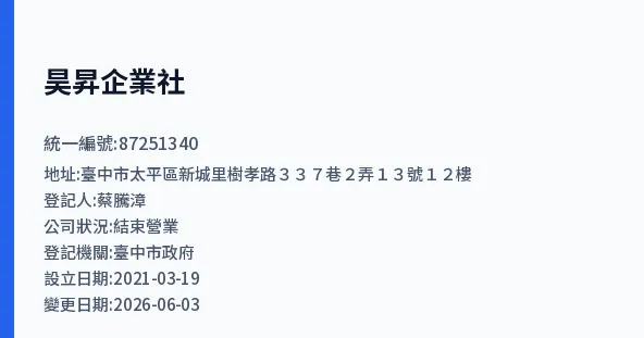 昊昇企業社的照片-統編 87251340(臺中市) 公司登記資料與營業項目詳細圖表