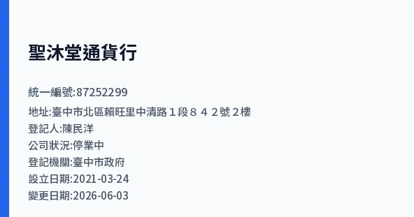 聖沐堂通貨行的照片-統編 87252299(臺中市) 公司登記資料與營業項目詳細圖表