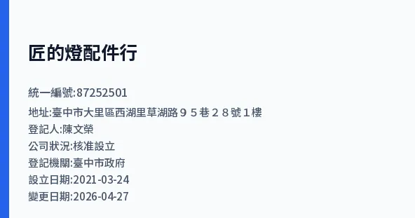 匠的燈配件行的照片-統編 87252501(臺中市) 公司登記資料與營業項目詳細圖表