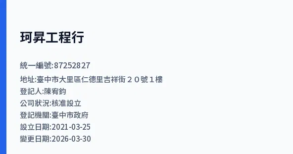 珂昇工程行的照片-統編 87252827(臺中市) 公司登記資料與營業項目詳細圖表