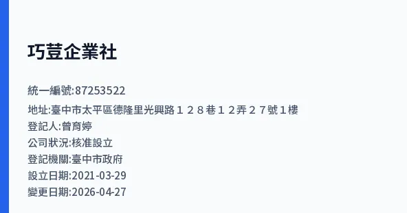 巧荳企業社的照片-統編 87253522(臺中市) 公司登記資料與營業項目詳細圖表