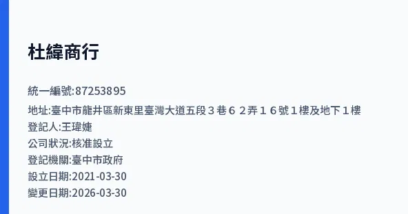 杜緯商行的照片-統編 87253895(臺中市) 公司登記資料與營業項目詳細圖表