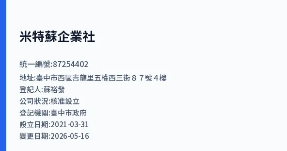 米特蘇企業社的照片-統編 87254402(臺中市) 公司登記資料與營業項目詳細圖表