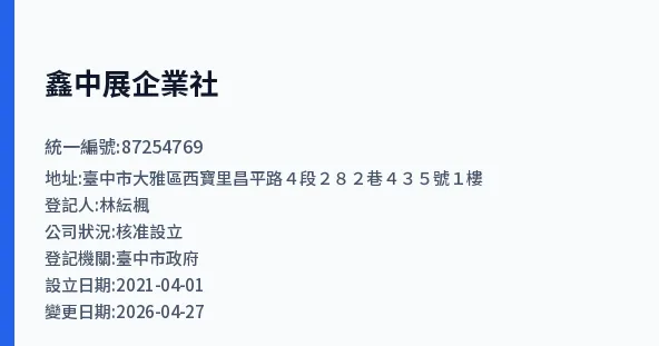 鑫中展企業社的照片-統編 87254769(臺中市) 公司登記資料與營業項目詳細圖表