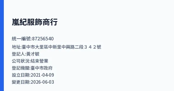 嵐紀服飾商行的照片-統編 87256540(臺中市) 公司登記資料與營業項目詳細圖表