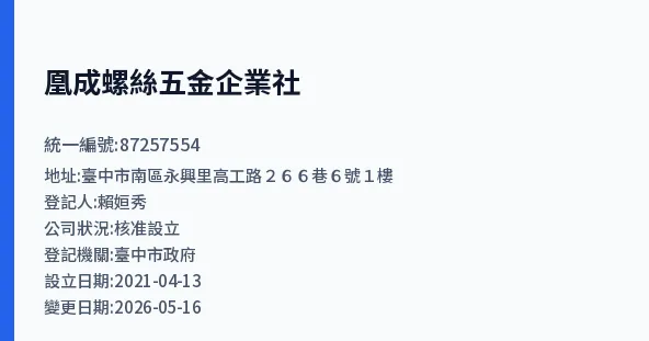 凰成螺絲五金企業社的照片-統編 87257554(臺中市) 公司登記資料與營業項目詳細圖表