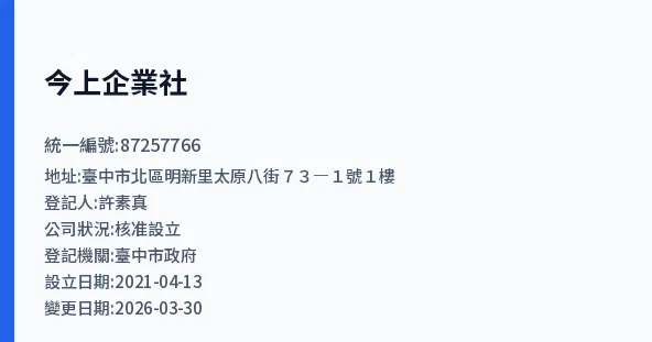今上企業社的照片-統編 87257766(臺中市) 公司登記資料與營業項目詳細圖表