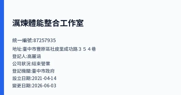濿煉體能整合工作室的照片-統編 87257935(臺中市) 公司登記資料與營業項目詳細圖表