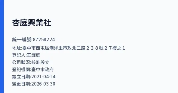杏庭興業社的照片-統編 87258224(臺中市) 公司登記資料與營業項目詳細圖表