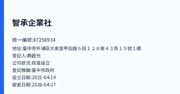 智承企業社的照片-統編 87258934(臺中市) 公司登記資料與營業項目詳細圖表