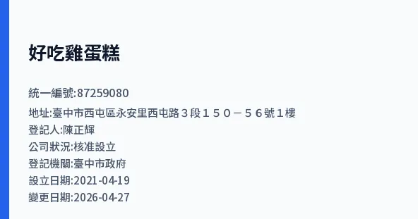 好吃雞蛋糕的照片-統編 87259080(臺中市) 公司登記資料與營業項目詳細圖表