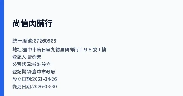 尚信肉脯行的照片-統編 87260988(臺中市) 公司登記資料與營業項目詳細圖表