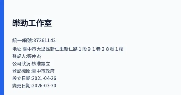 樂勁工作室的照片-統編 87261142(臺中市) 公司登記資料與營業項目詳細圖表